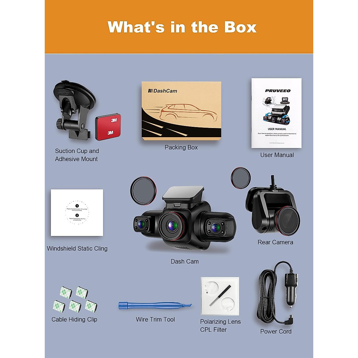 PRUVEEO Dash Cam, 4 Channel Camera FHD 1080Px4, Front Left Right and Rear, Front and Rear Inside, Built-in GPS WiFi, Polarizing Lens CPL Filter, Free 128GB Card, Double CPL