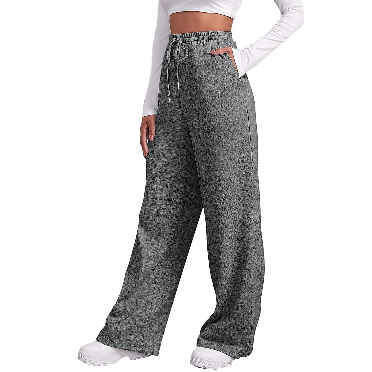 my orders Women's Causal Drawstring High Waist Baggy Straight Leg Joggers Sweatpants with Pockets Women’s Fleece Lined Sweatpants Baggy Wide Straight Leg Pants lightning deals of today