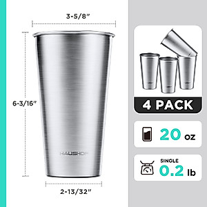 HAUSHOF Pint Cup, 20 oz Stainless Steel Cups, Stackable Metal Drinking Cups, Stacking Beer Pint Cups for Home, Party, Camping, Outdoor, Unbreakable, 4 Pack