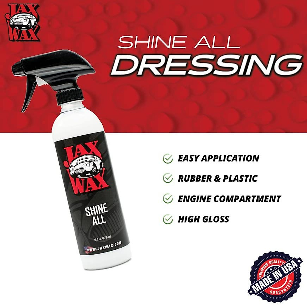 Jax Wax Shine All, Professional High Gloss, Water Based Dressing and Protectant for Engines, Tires, Vinyl and Plastics - 16 Ounce