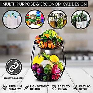 Kitchen Fruit Basket Stand 2 Tier – Tiered Fruits, Vegetable Holder for Kitchen Countertop Modern – Produce Storage Organizer, Fruit Bowl, Snack Rack, Screws Free Design Produce Bin - Black