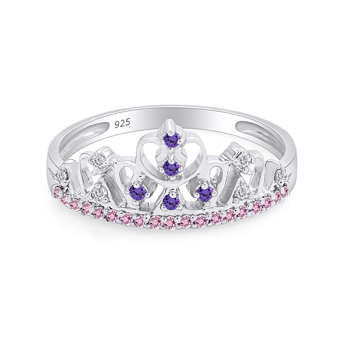 AFFY Round Cut Simulated Multi Stone Rapunzel Princess Style Engagement Wedding Crown Ring in 14k White Gold Over Sterling Silver with Ring Size 8