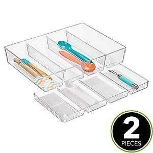 mDesign Plastic Kitchen Drawer Organizer Tray Set - Horizontal Storage Bin for Organizing Cutlery, Flatware, Silverware, Utensil, and Appliances - Ligne Collection - Clear