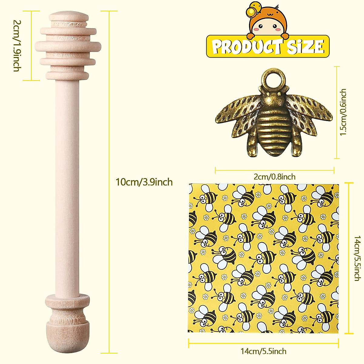 50 Pieces 3 Inch Wooden Honey Dipper Sticks Set Honey Dipper Sticks 50 pieces Honeybee Charm Pendants 50 pieces Decorative Bee Wrapping Paper with 30 Meters Jute Hanging Rope for Honey Jar DIY Crafts