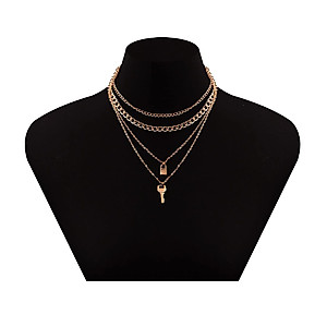Key Lock Multilayer Necklace Thick Choker Necklaces Gold Necklace Chain for Women (Key lock layered necklace)