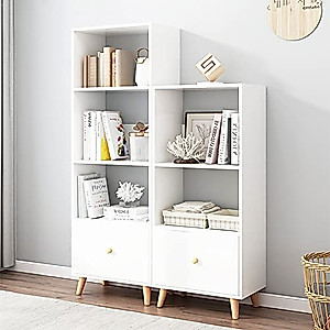 IOTXY 3-Tier Open Shelves Bookcase - 47 Inches Height Modern Floor Standing Cubes Wooden Low Bookshelf with Storage Drawer and Legs, White
