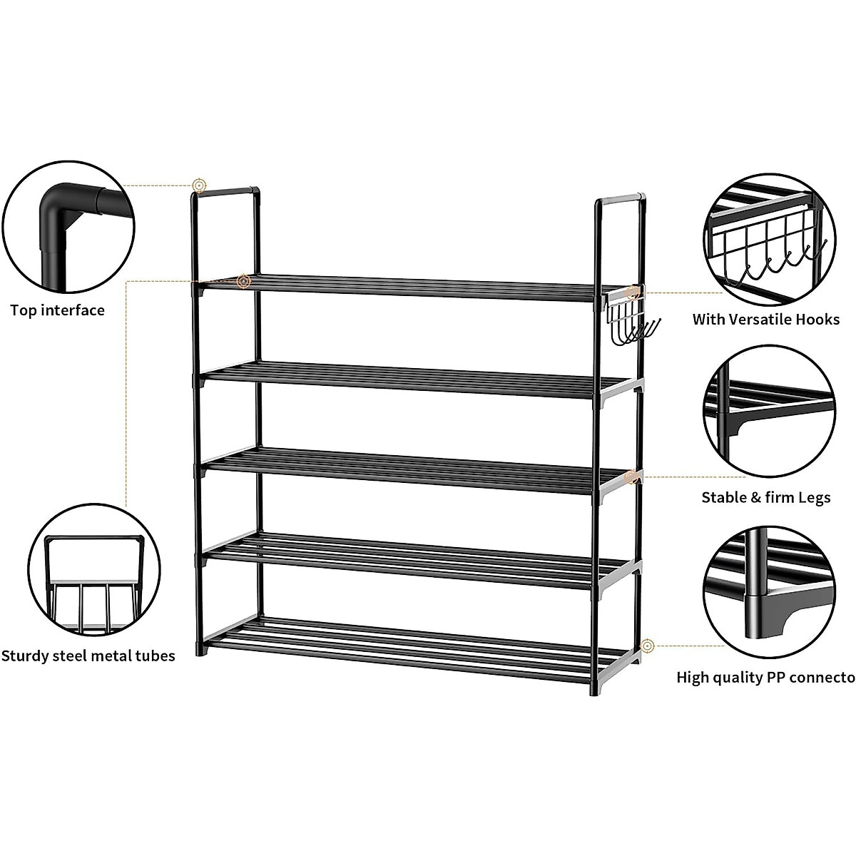 HOMICKER Metal Shoe Organizer,5 Tiers Shoe Storage Shoe Rack with Hooks,Fit 20-25 Pairs,Adjustable Shoe Shelf for Entryway,Hallway,Bedroom,Metal Bottom Support