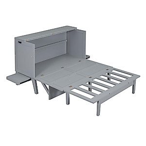 JIVOIT Queen Size Murphy Bed with Two Movable Desks, Removable Shelves on Each Side, Wooden Murphy Bed Chest with Built-in Dual Power/USB Module, Space-Saving Design (Gray-Queen 9)