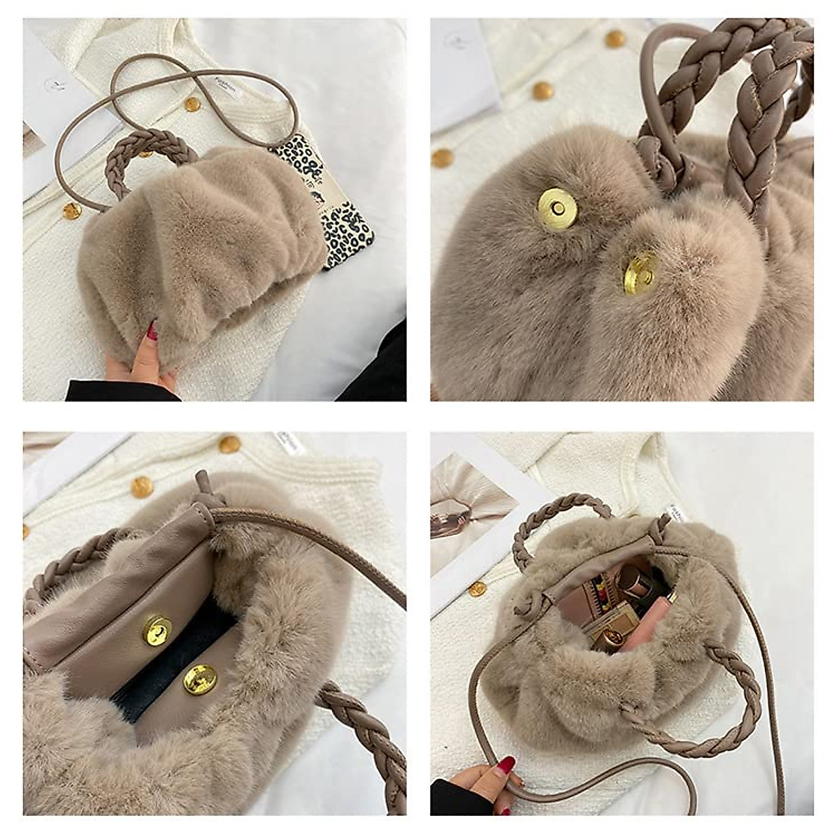 Plush Shoulder Bag Y2K Fluffy Furry Warm Aesthetic Tote Bag Warm Crossbody Bag Japanese Accessories for Autumn Winter (Apricot)