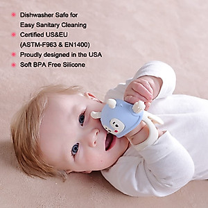 Smily Mia Reindeer Organic Baby Toys 0-6Months, Mitten for 3-6Months, Easy to Hold Stem with Chewing Nubs for Teething Pain Relief for 6-12Months Babies, Light Blue