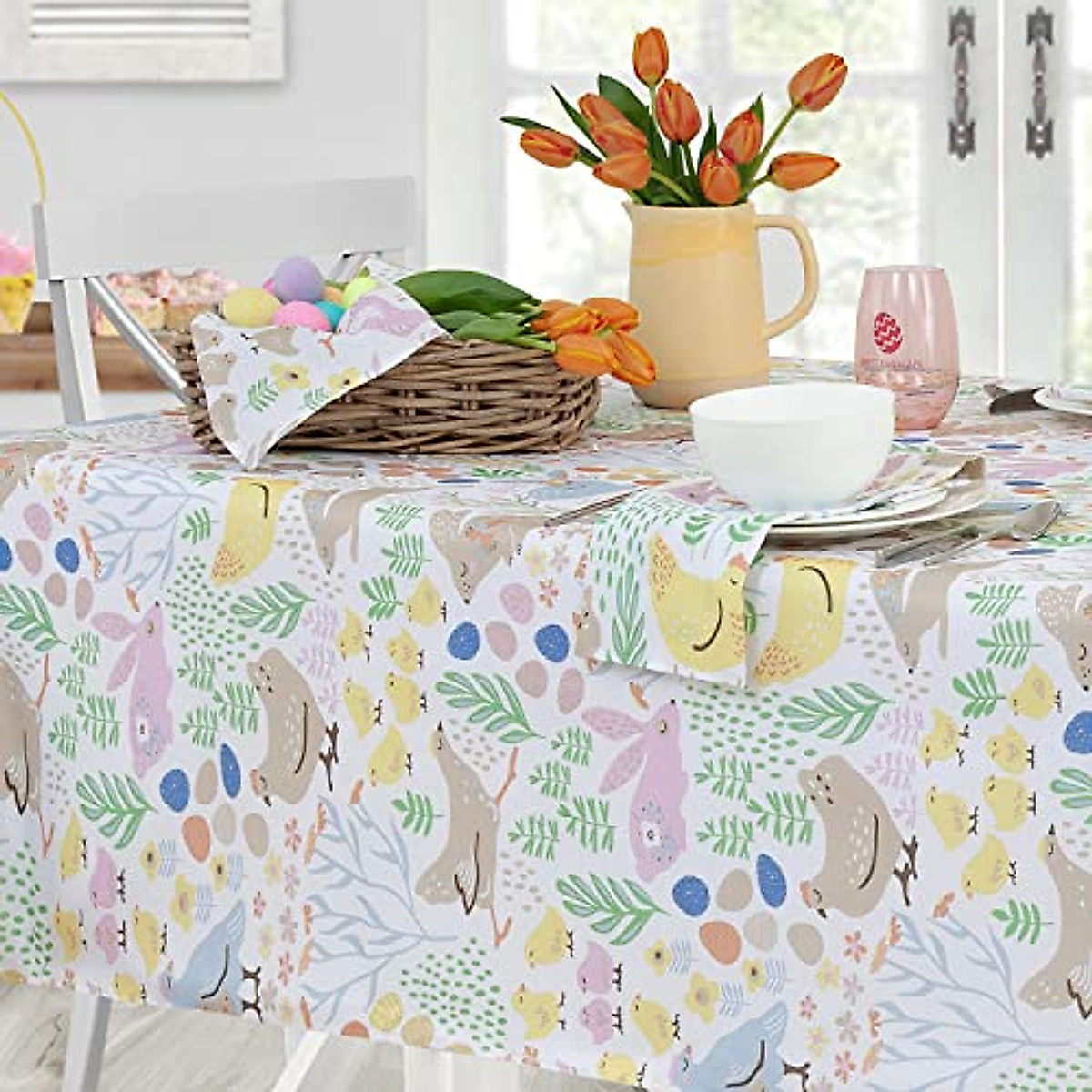 Home Bargains Plus Easter Fun Fabric Tablecloth, Bunny Rabbit, Easter Egg and Chicks Print Stain and Wrinkle Resistant Spring Tablecloth, 52” x 52” Square