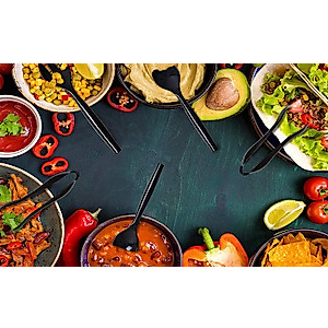 VeZee's Plastic Serving Utensils, Black Heavy Duty Disposable utensil | Set 10" Spoons 10" Forks 6" Tongs | 6 Each in One Set| 18 Pcs