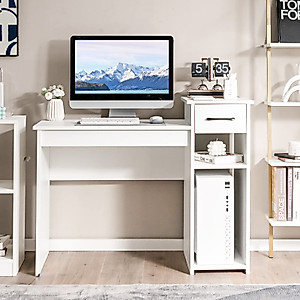 Tangkula White Desk with Storage Drawer & Shelves, Compact Desk for Small Space, Modern Wooden Study Desk Writing Desk with Storage Drawer & Compartments, PC Laptop Desk Small Desk for Bedroom