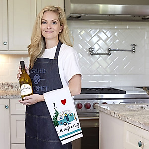 Camping Kitchen Towels Set of 4 Dish Towels Kitchen Hand Towels Kit Printed with Funny Sayings Novelty Gifts for Campers Happy Camper Camping Tent Pine Tree Farmhouse RV Decor Sign Home Decorations