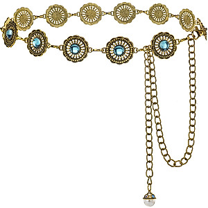 Glamorstar Vintage Chain Belts for Women Western Concho Metal Waist Belt for Dresses Gold Blue 105CM/41.3IN