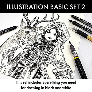 Kuretake Zig Inktober Special Set, Illustration Basic Set 2, 4 Black Markers and 1 White Brush Pen, for Manga Drawing, Lettering and Calligraphy, Professional Artist Quality, Made in Japan