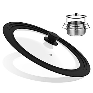 Universal Lid for Pots, Pans and Skillets Vented Tempered Glass with Heat Resistant Silicone Rim, Fits 10 inch, 11 inch, 12 inch Cookware, Replacement Lid, Black