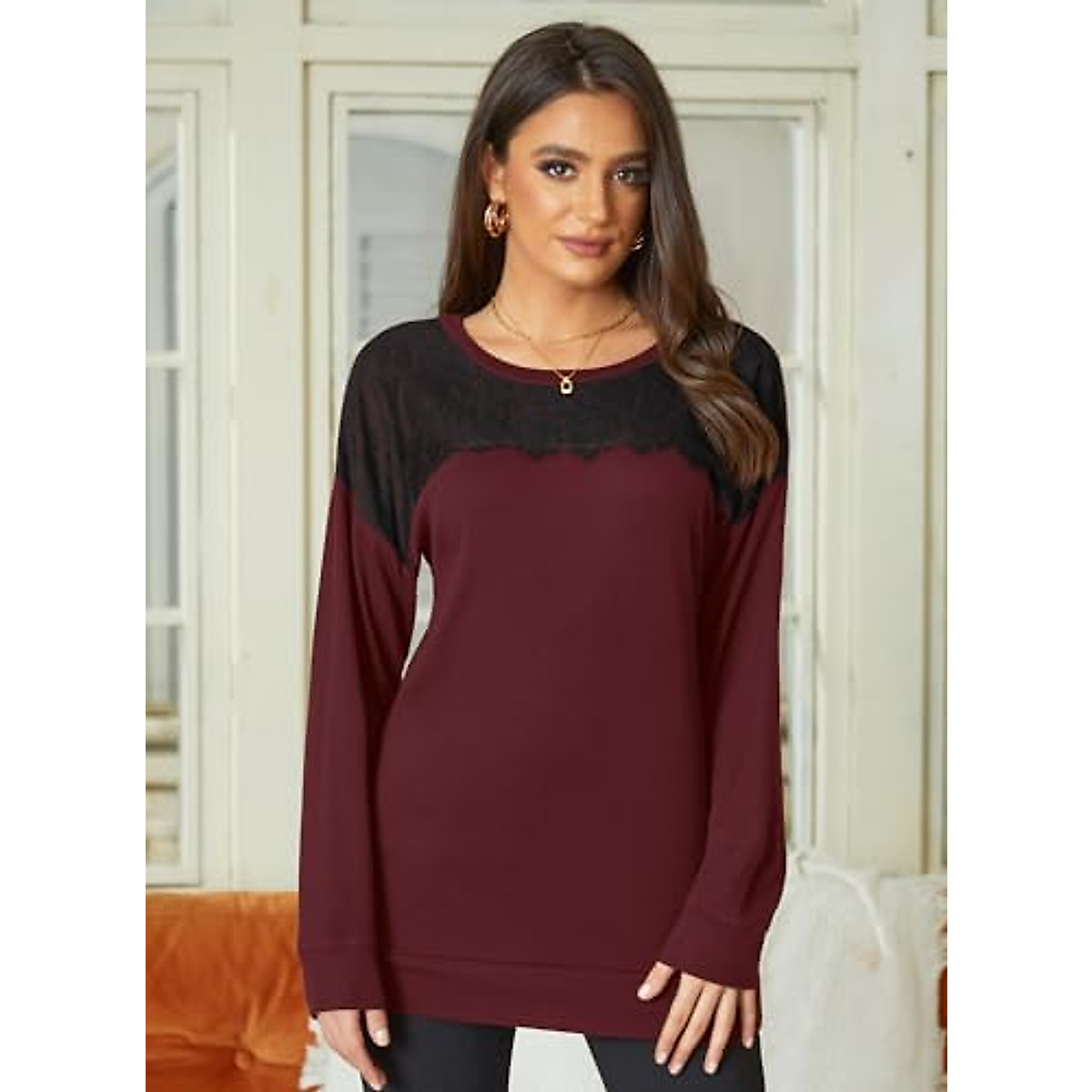 For G and PL Lady Fall Dressy Long Sleeve Holiday Blouse Cotton Lightweight Crewneck Sweatshirt Maroon L