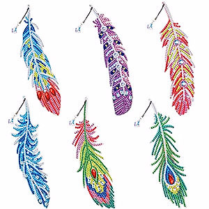 6 Pcs Christmas Diamond Painting Bookmarks DIY Feather Bookmark Crystal Pendant Bookmark for Home Office School Class Project,5D Diamond Painting Beginner Arts Crafts Gifts for Halloween Christmas