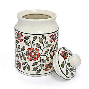 Amoorcart Ceramic Jars and Containers with Lid for Kitchen - Hand painted - Pack of 1-17cm height - (NON AIRTIGHT) - Red Green Floral