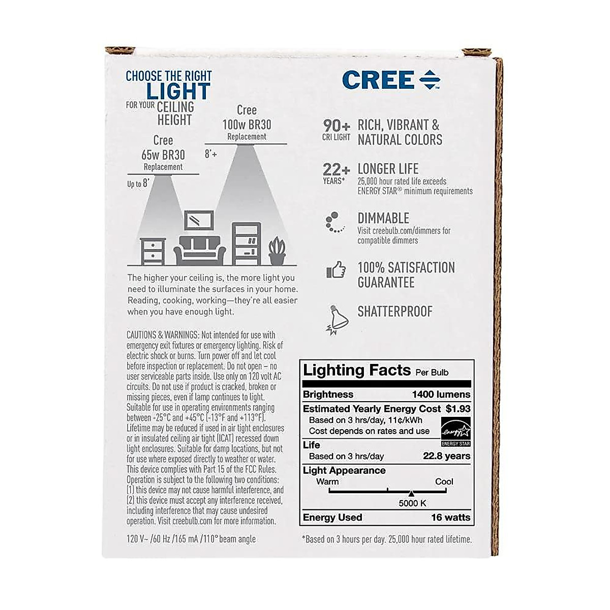 Cree Lighting Exceptional Series BR30 Bulb, 5000K Dimmable LED Bulb, 100W + 1400 Lumens, Daylight, 1 Pack