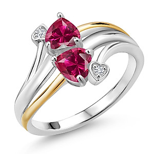 Gem Stone King 925 Sterling Silver and 10K Yellow Gold Red Created Ruby and White Lab Grown Diamond Ring For Women (1.22 Cttw, Heart Shape 5MM, Available In Size 5, 6, 7, 8, 9)