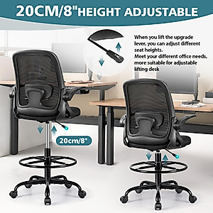 Winrise Drafting Chair Tall Office Chair Ergonomic Desk Chairs with Lumbar Support and Flip-up Armrests, Adjustable Height Comfy Computer Chair with Swivel Task and Adjustable Foot Ring(Black)