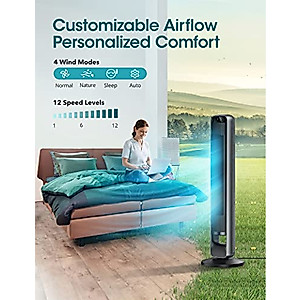 Tower Fan, 42”90° Oscillating Fan, DC Motor with 28dB, 12 Speeds, 4 Modes, Night Light, 12H Timer, LED Display, Quiet Cooling Bladeless Fan with Remote for Bedroom Living Room Office, Black,