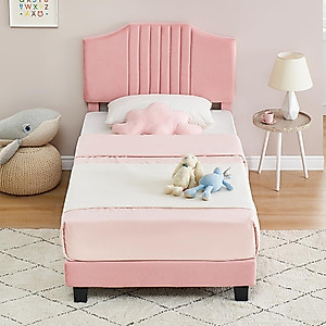 GAOMON Twin Size Bed Frame with Velvet Upholstered Headboard and Wooden Slats Support, Platform Twin Bed No Box Spring Needed, Noise-Free, Easy Assembly, Pink