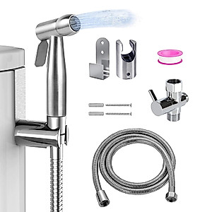 Handheld Bidet Sprayer Kit-Stainless Steel Douche Muslim Shower Spray with Hose Bidet Holder Valve for Toilet Cleaning, Pet Bath, Personal Hygiene (Includes T-Adapter)