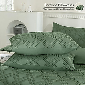 JELLYMONI Green Duvet Cover King Size - Microfiber Tufted Duvet Cover Set, Boho Textured Jacquard Rhombus Geometric Pattern Duvet Cover with Corner Ties & Zipper Closure