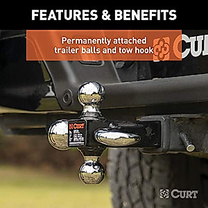 CURT 45675 Multi-Ball Trailer Hitch Ball Mount, 1-7/8, 2, 2-5/16-Inch Balls and Tow Hook, Fits 2-Inch Receiver, 10,000 lbs