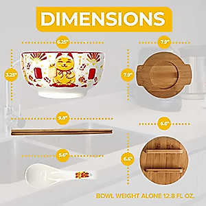 XWORLD Japanese Ceramic Ramen Noodle Bowls Set with Ceramic Spoon, Bamboo Chopsticks, Lid & Trivet, Serving Capacity of 33.8 OZ, Microwavable Oven Safety (3.3” x 6.6” D) (Lucky Cat)