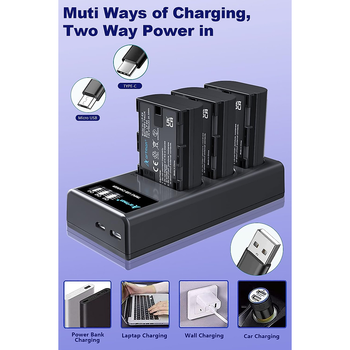 Artman 3-Pack 2750mAh LP-E6 LP-E6N Batteries and 3-Slot LCD Charger Compatible With Canon EOS R6 R5 R 90D 80D 70D 60D 60DA 6D 6D Mark II 5D Mark II/III/IV 5DS 5DS R 7D 7D Mark II XC15 XC10 BMPCC 4K/6K