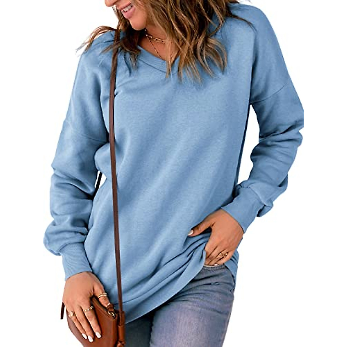 DJT Fashion Womens Fleece Sweatshirt for Women Casual Shirts V Neck Long Sleeve Tops Pullover with Pockets X-Large Air Blue