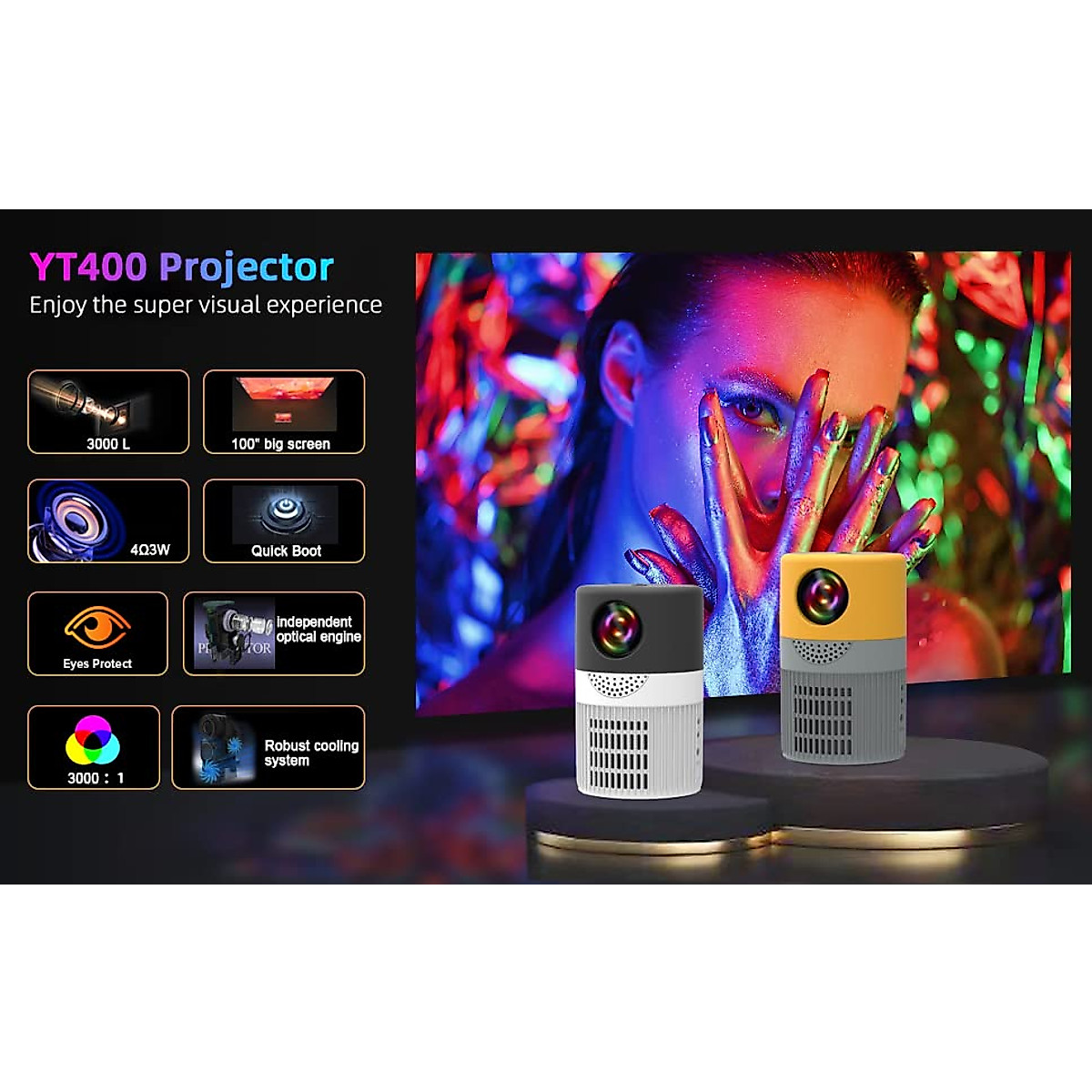 VR robot Portable Projector, Mini Projector 1080P FHD 100" Screen Supported,Movie Projector, Compatible with iOS/Android/PC/Xbox/PS5