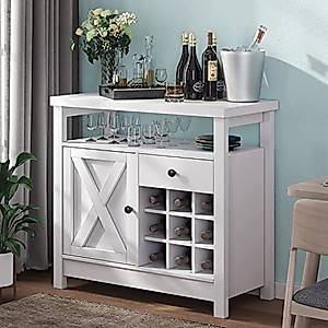 4ever2buy Farmhouse Coffee Bar Cabinet with 9 Wine Racks, Kitchen Sideboard Buffet Cabinet with Barn Door, White Coffee Bar with Storage, Wine Bar Cabinet with Adjustable Shelf for Dining Living Room