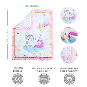 Little Grape Land 3 Piece Baby Crib Bedding Set, Unicorn Standard Size Crib Set, Nursery Baby Bedding for Girls, Crib Sheet, Comforter, Crib Skirt, 52" x 28", Pink Gold