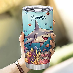 Hyturtle Personalized Gifts Shark Lover - I Just Really Love Sharks Customized Name Stainless Steel Tumbler 20 oz With Lid - Idea Cute Sea Animal Lover Gifts For Women, Girl On Birthday, Christmas