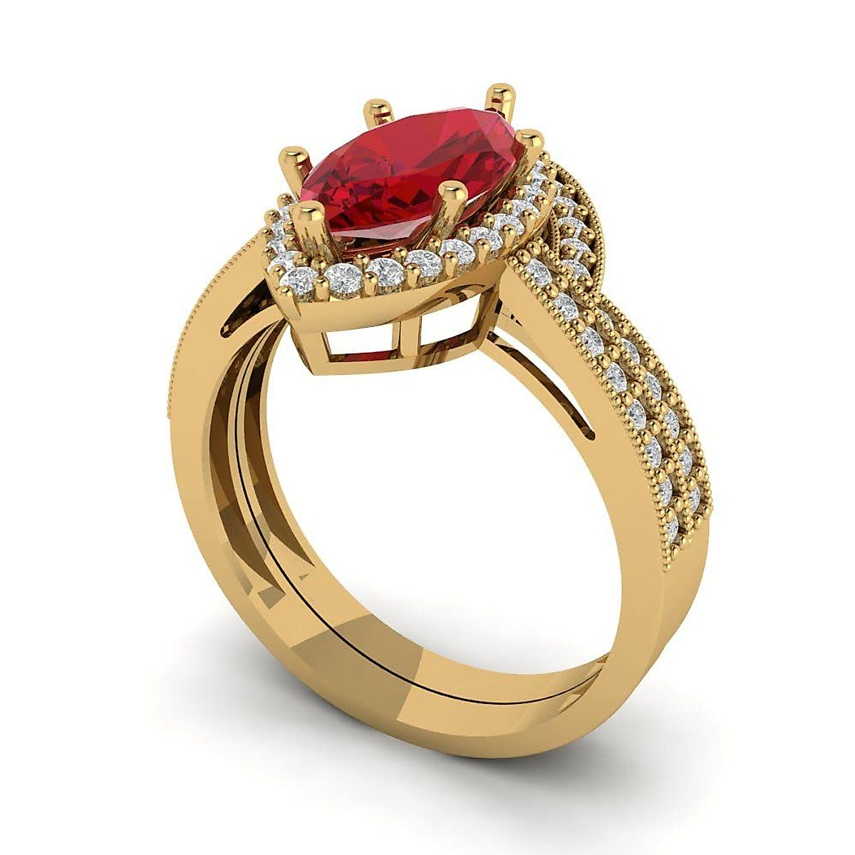 Clara Pucci 2.16ct Marquise Cut Halo Solitaire Simulated Ruby Engagement Promise Anniversary Bridal Ring Band set 18K Yellow Gold 3.5
