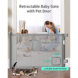GROWNSY Retractable Baby Gates, Pet Gate with Cat Door - 33" Tall, Extends to 55" Wide Dog Gate for Stairs, Mesh Baby Gate with Door for Cats/Small Dogs, Easy Install for Doorways, Indoor &Outdoor