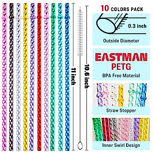 10 Pack Swirl Straws for Starbucks Tumbler, Reusable 11" Long Hard Plastic Shiny Crystal Tumbler Replacement Drinking Straws For 16 OZ 20 OZ 30 OZ Stanley, Yeti Tumblers With Cleaning Brush