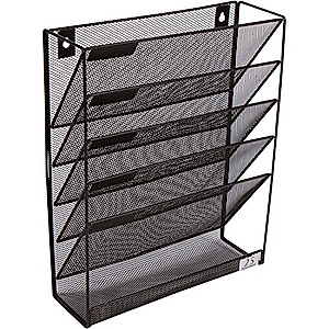 5 Pocket Wall Mounted File Hanging Organizer Metal Mesh Office Home Folder Binder Holder Magazine Mail Rack + Hardware, Black