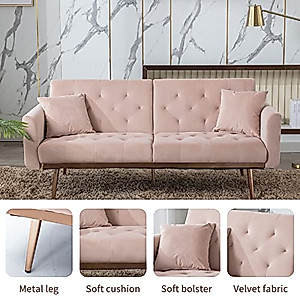 Velvet Futon Sofa Bed,Convertible Sofa Bed with Adjustable Backrest, Modern LoveSeat Sofa Couch for Living Room,Bedroom,Office（Pink）