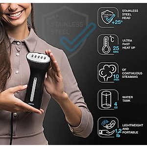 Steamer for Clothes, Hand Held Portable Travel Garment Steamer, Metal Steam Head, 25s Heat Up, Pump System, Mini Size, Handheld Steamer for Any Fabrics, No Water Spitting, 120V Black