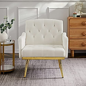 hansones Velvet Accent Armchair with Gold Metal Legs, Modern Upholstered Lounge Chair for Living Room (Off White)