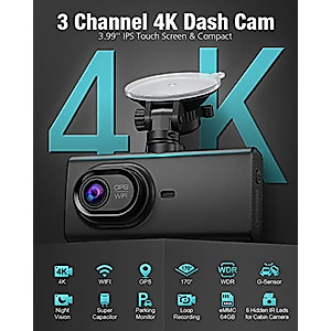 OMBAR 3 Channel Dash Cam, Built-in WiFi GPS, eMMC 64G Storage, 4K Front Dash Cam, 2K+1080P Car Camera Front and Cabin/Rear, 1080P+1080P+1080P Dashcams for Cars with 3.99" IPS Screen, IR Night Vision