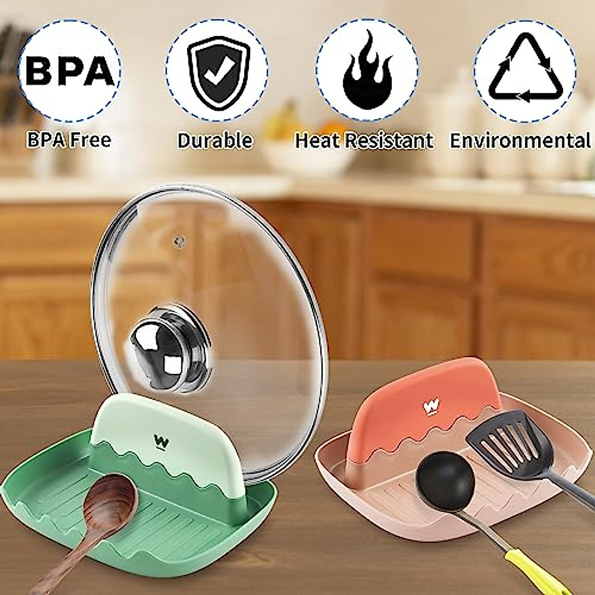 Spoon and Lid Rest - 2 Packs Spoon Rest with Lid Holder, Neat & Drip-Free Spoon Rest for Countertop Stove Top, Heat-Resistant Utensil Rest for Spoons, Pot Lids, Spatulas, Utensils, Forks