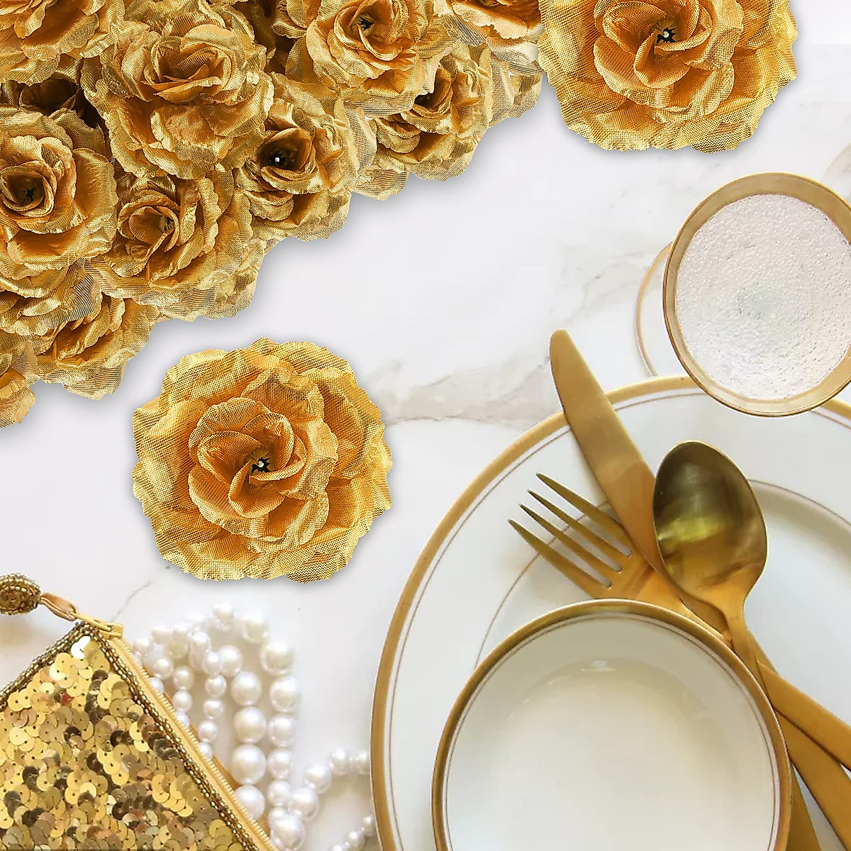 Youeon 100 Pcs Artificial Rose Flower Heads for Crafts, 3.5 Inch Faux Gold Flower Heads, Silk Rose Flowers Head in Bulk, Gold Roses Artificial Flowers for Centerpieces, Flower Wall, Wedding