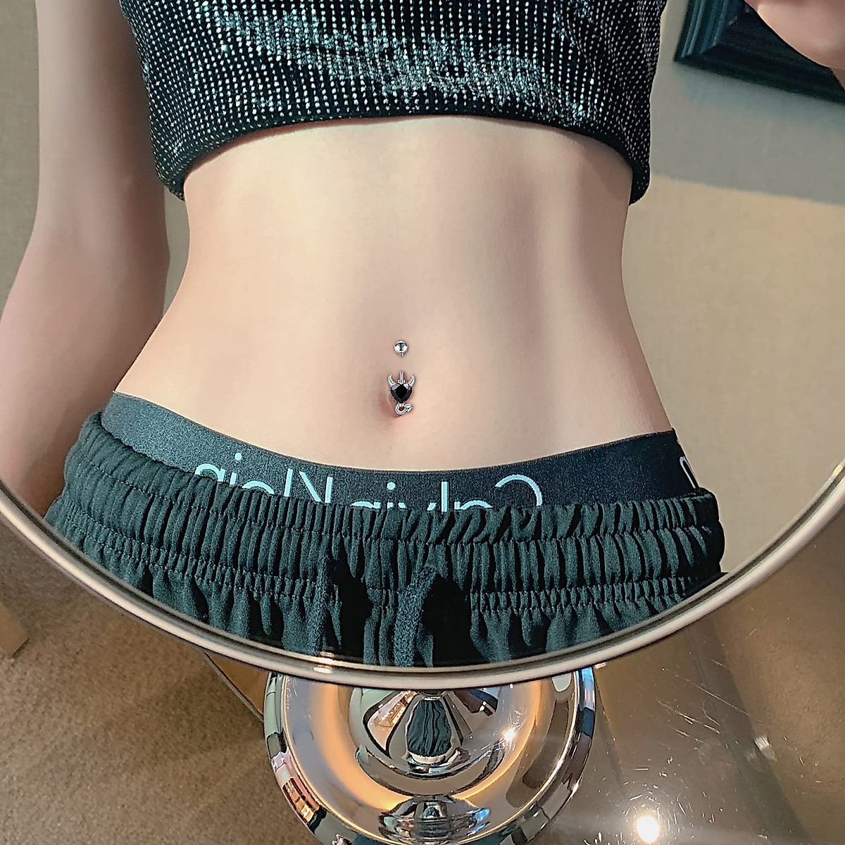 JFORYOU Black Belly Button Rings for Women Surgical Steel Skull Hand with Opal Devil Heart Navel Rings Halloween Belly Piercing Jewelry